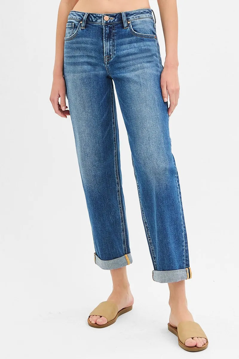 RISEN Mid Rise Boyfriend Roll Up Jeans – Femmebot Clothing
